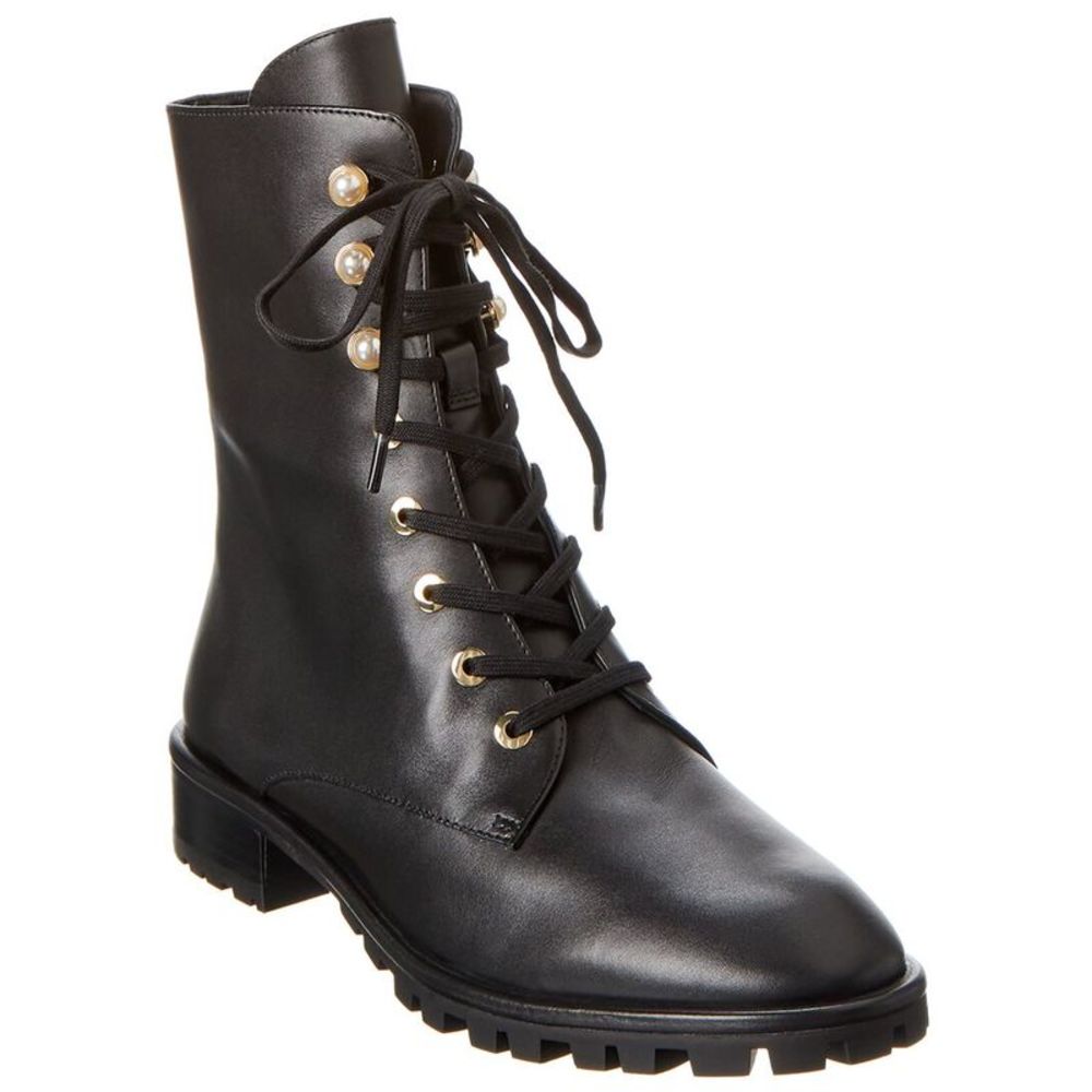 Stuart Weitzman Laine Pearl Leather Combat Boot, Black - Gem